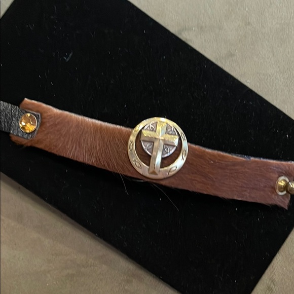 Jewelry | Brown Leather Hair On Hide Bracelet With Gold Cross ...